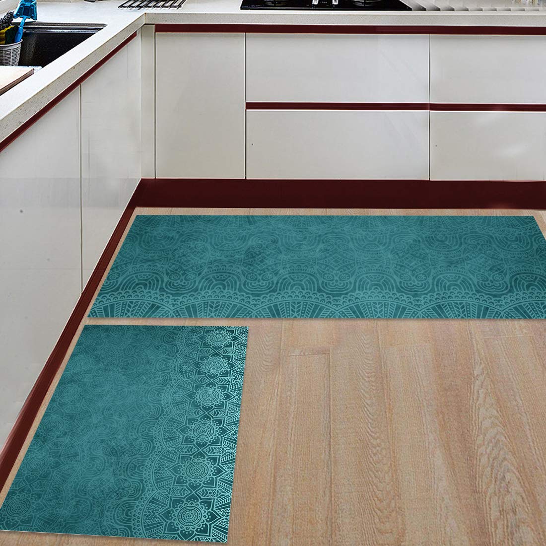 Z&L Home Kitchen Rugs and Mats Non Skid Set of 2 Piece Rubber Backing Floor Carpet Accent Area Runner Thin Low Pile Indoor Doormat Aqua Teal Indian Mandala Ethnic Floral Turquoise