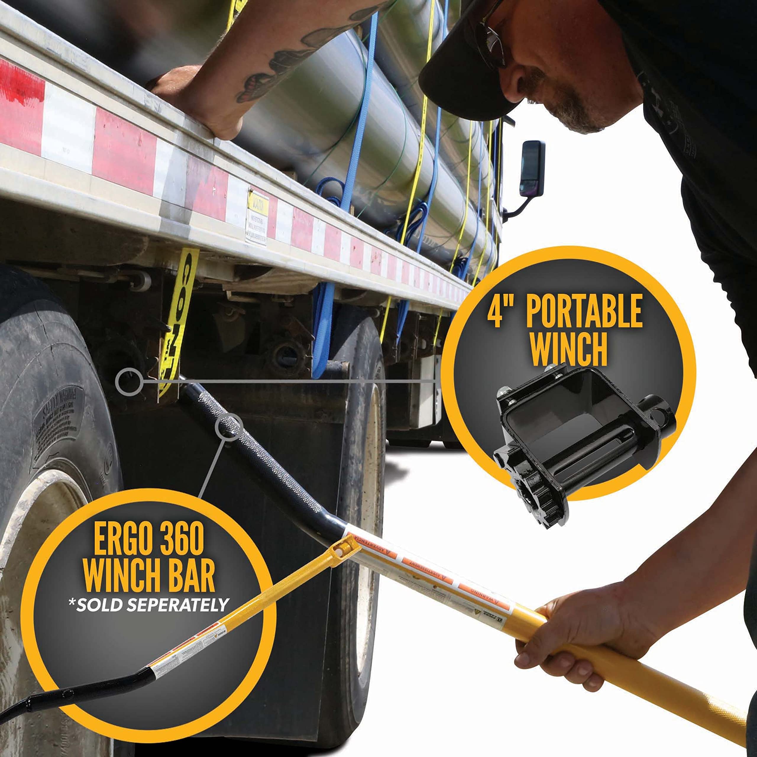 US Cargo Control Standard Portable Winch, Durable Steel Winch with Protective Finish, 2 Set Screws for Bolt-On Bottom Mount Application, Holds Up to 20 Feet of Excess Webbing, 4 Inch, Black, 5-Pack