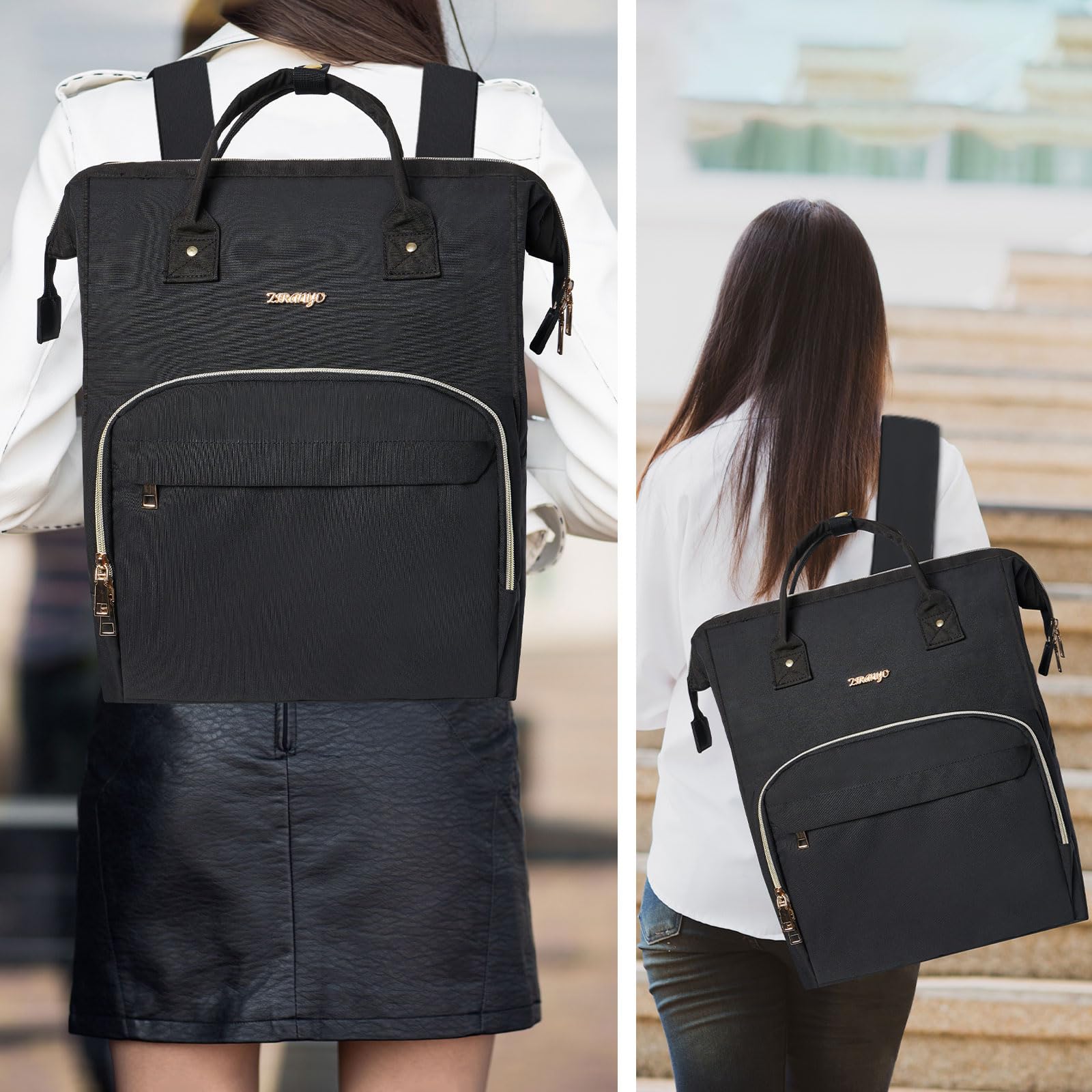 ZIRANYU Large Travel Backpack for Women, 15.6 Inch Laptop Backpack, Computer Work Bag, Waterproof Business Backpack, Nurse Teacher Backpack with USB Port, Black