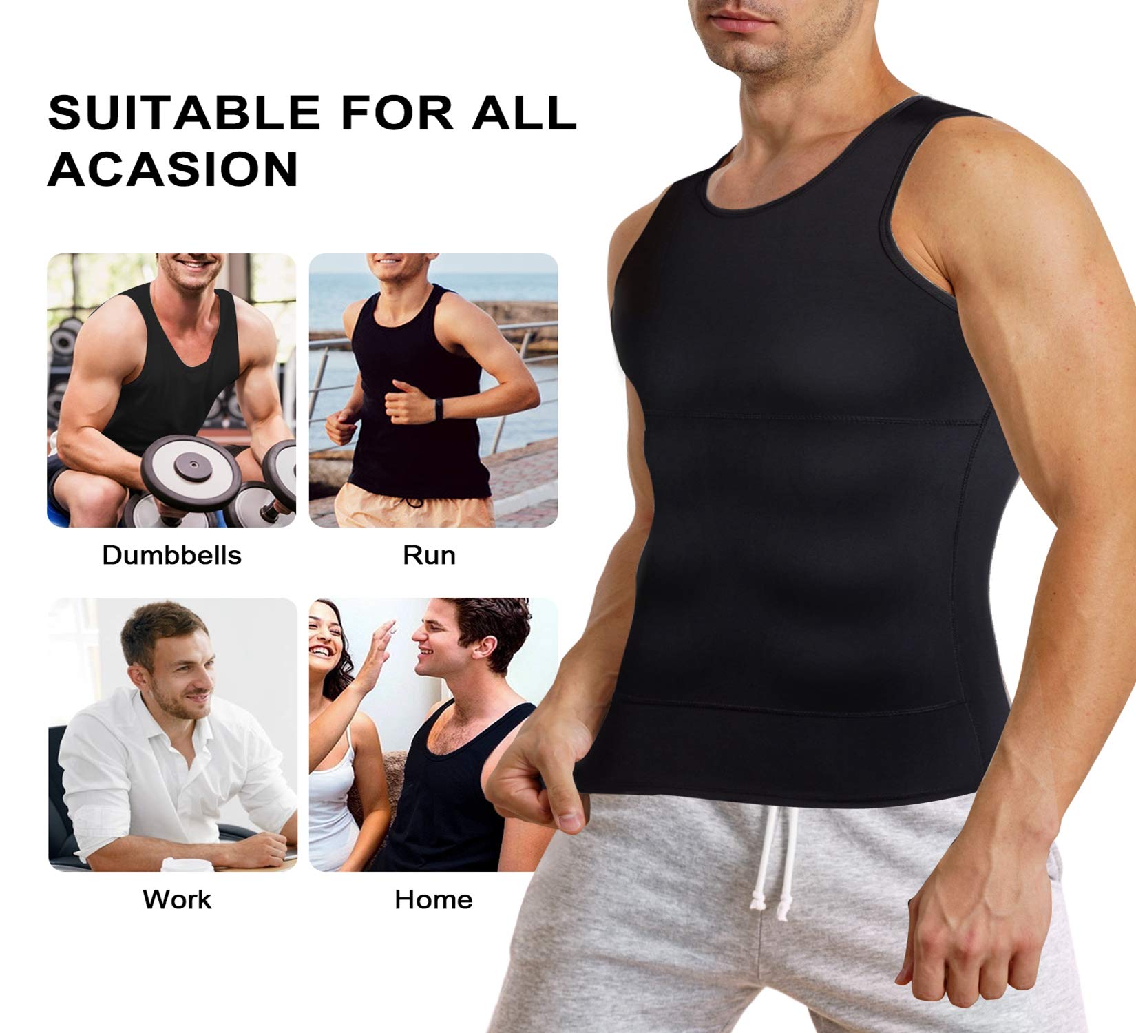 TAILONG Compression Shirt for Men Slimming Body Shaper Sport Vest Workout Tank Top Athletic Undershirt (Black, X-Large)