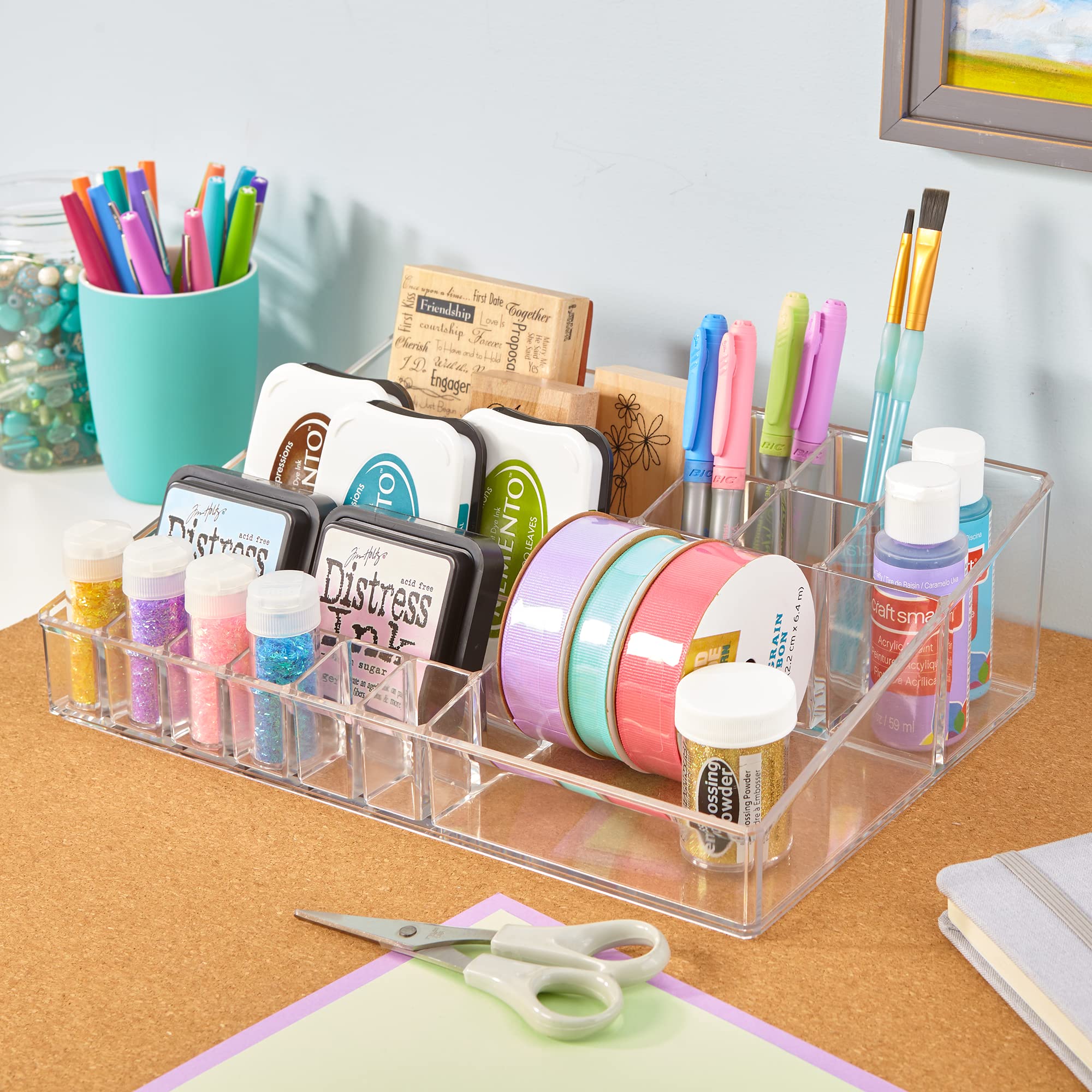 STORi Audrey Clear Vanity Makeup Organizer | 15-Compartment Holder for Brushes, Eyeshadow Palettes, & Beauty Supplies | Stacks on Audrey Storage Drawers | Made in USA