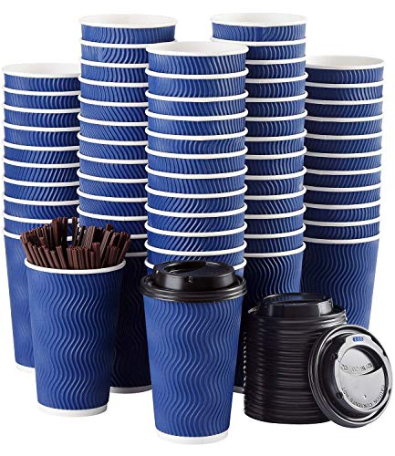 SPRINGPACK Disposable Coffee Cups with Lids and Straws - 16 oz (90 Set) To Go Hot Paper Coffee Cup with Lid Togo for Beverages Tea Espresso Insulated Reusable Cold Drinks Ripple Cups