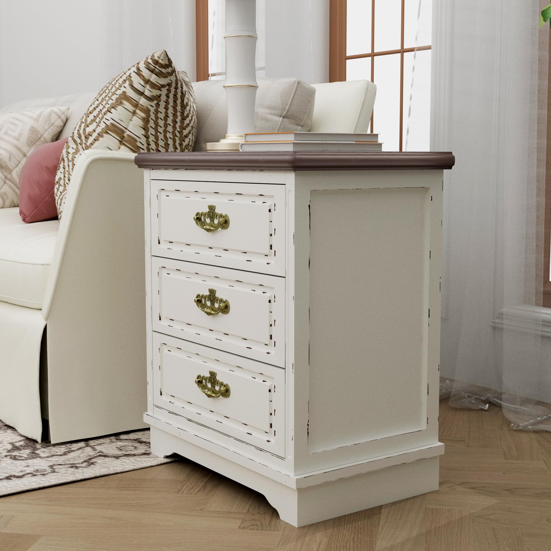 Set of 2 Antiqued Two-Tone 3 Drawer Nightstand, Side End Table Bedside Table with USB and Distressed Finish, 23.5 Inch Vintage Bedside Table for Bedrooms, Living Room
