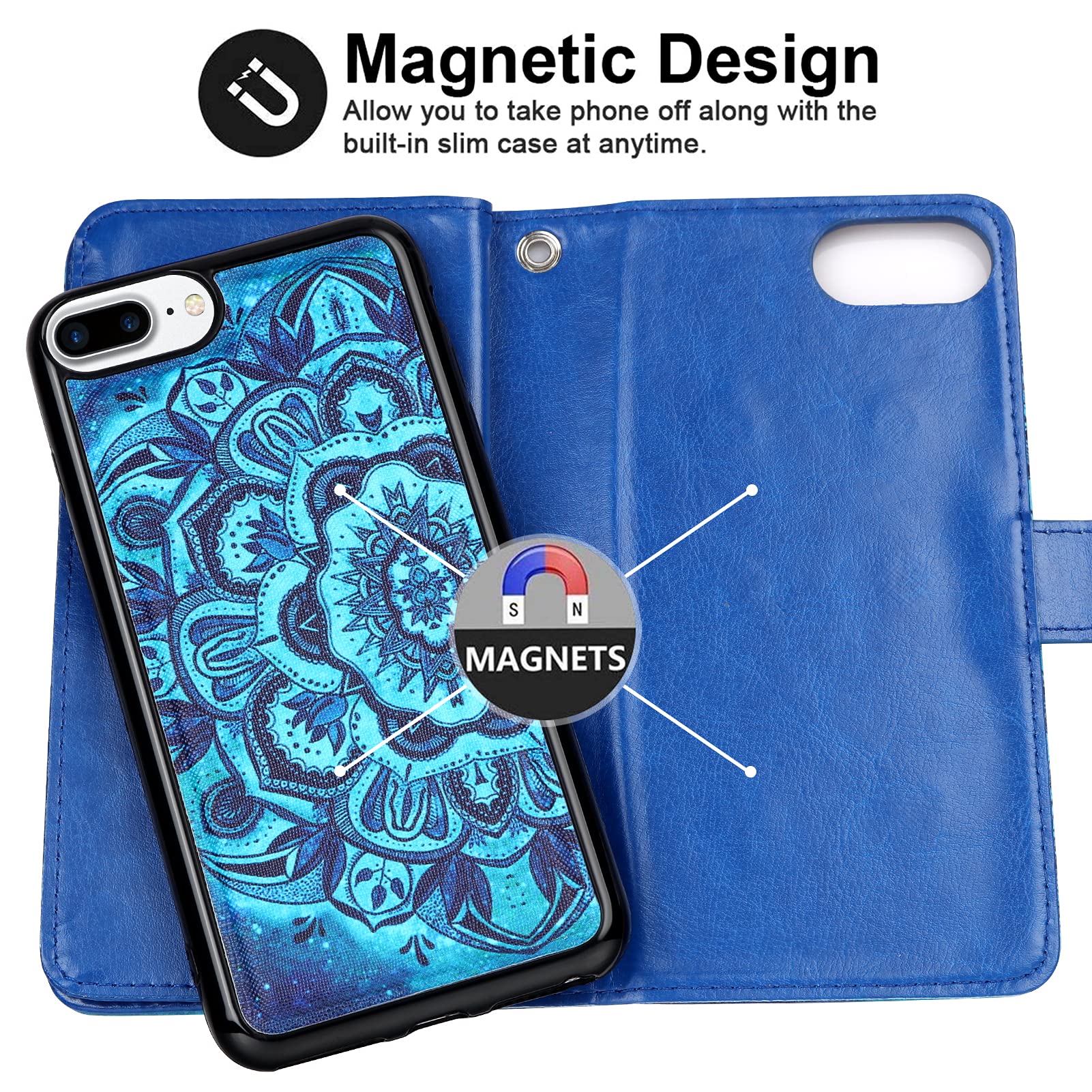 Vofolen 2-in-1 Case for iPhone 8 Plus Case 7 Plus Wallet Card Holder Slot Detachable Strap Protective Slim Hard Shell Magnetic PU Leather Folio Pocket Flip Cover for iPhone 8 Plus 7 Plus Mandala Brown