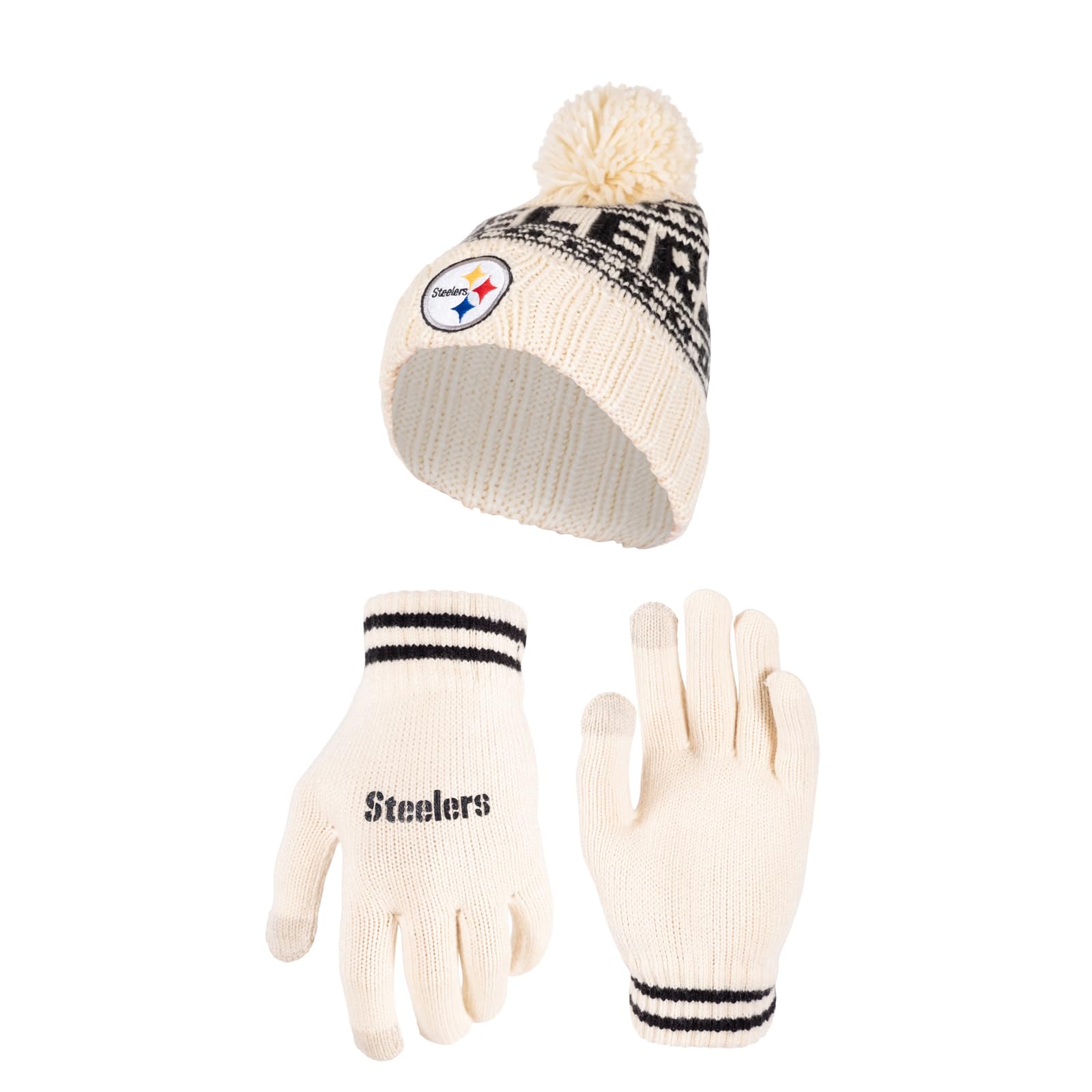 Ultra Game NFL Mens Womens Super Soft Cable Knit Winter Beanie Knit Hat with Extra Warm Touch Screen Gloves, Pittsburgh Steelers