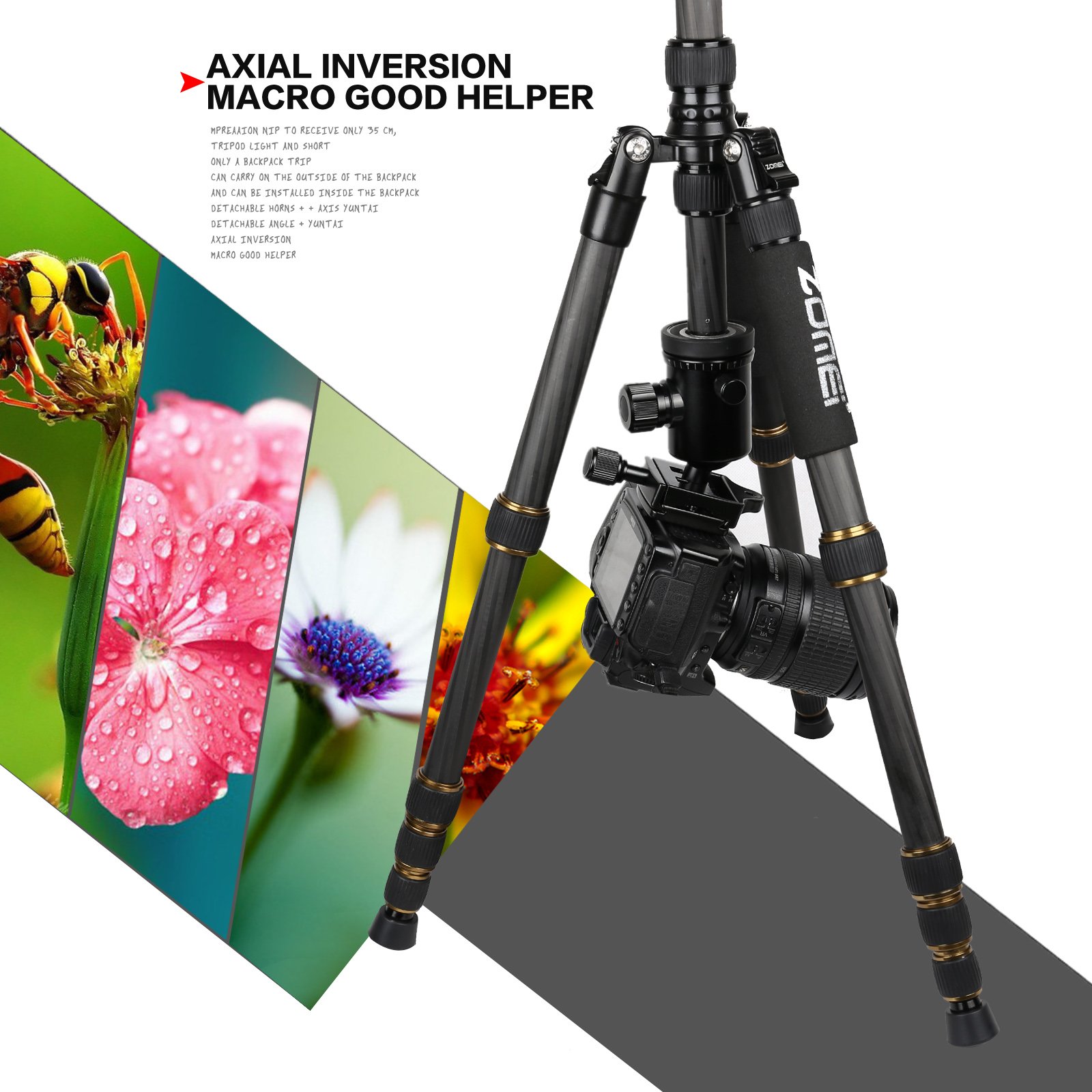 ZOMEI Z669C Carbon Fiber Portable Tripod with Ball Head Compact Travel for Canon,Sony, Nikon, Samsung, Panasonic, Olympus, Kodak, Fuji, Cameras and Video Camera