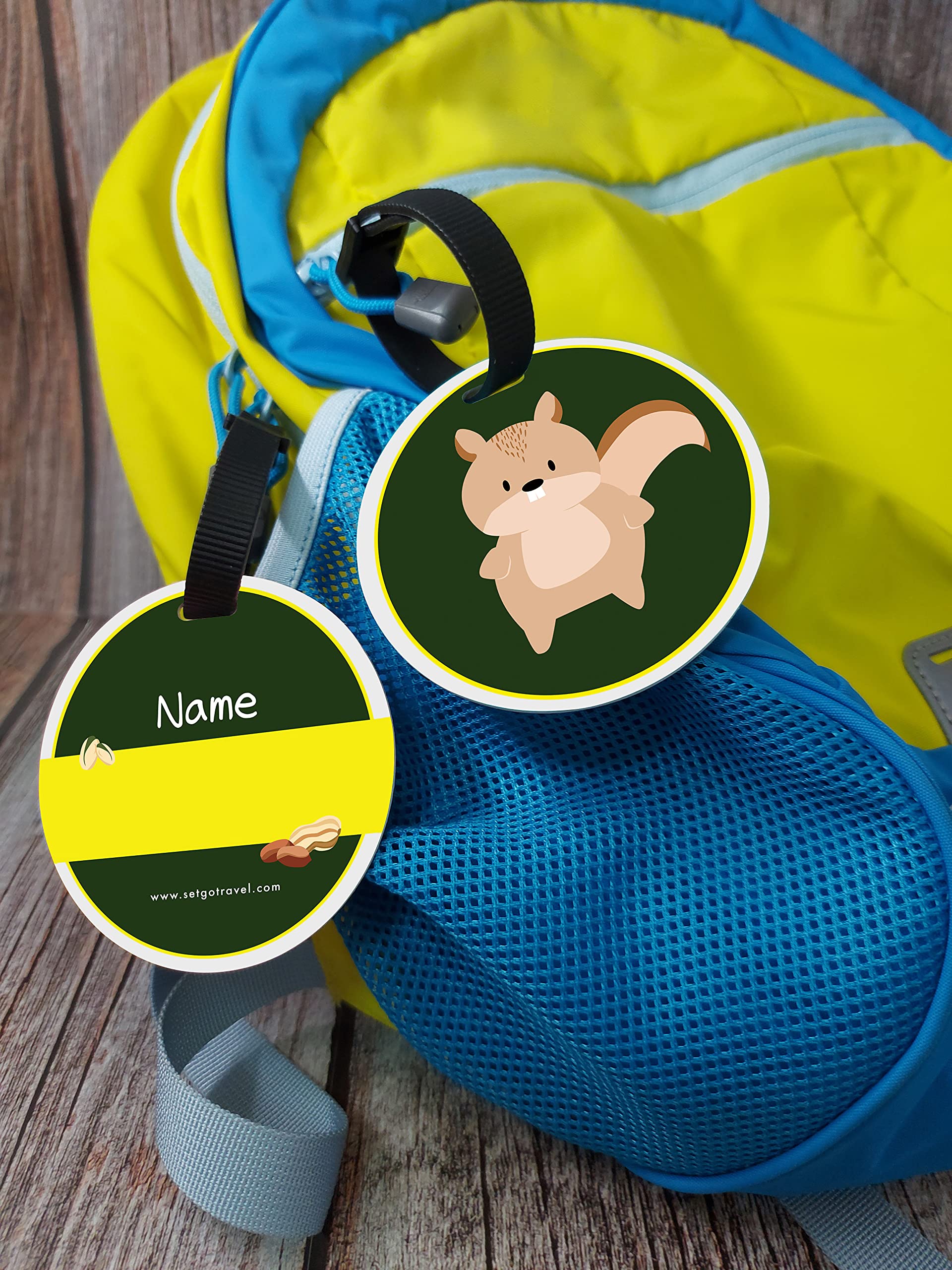 SetGo Cute Animal Name Tag for Kids, Plastic Backpack Tag, Set of 2, Customized Tag – Great for Boys and Girls at School Daycare Kindergarten (Squirrel)
