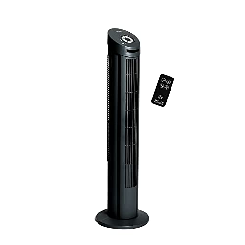 Seville Classics UltraSlimline Indoor Bladeless Oscillating Tower Fan Quiet Cooling LED Display Space-Saving for Home w/Remote and 7.5H Timer, Black, 40" 4-speed (75 degrees)