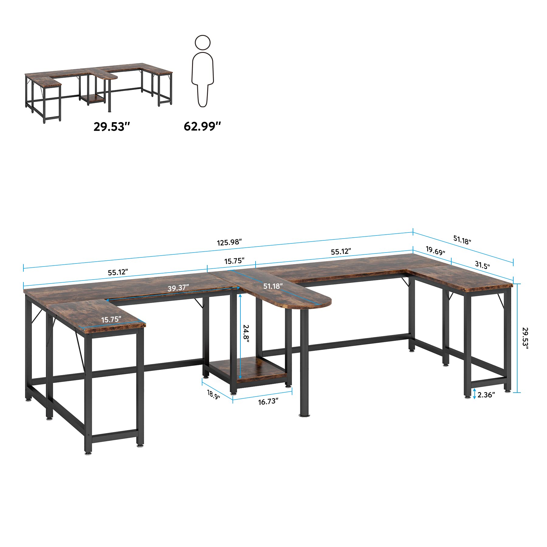 Tribesigns 126 inch Double Computer Desk, Extra Long Two Person Desk, U Shaped Large Office Desk Writing Table Computer Workstation with Printer Stand Shelf and Host Storage for Home Office