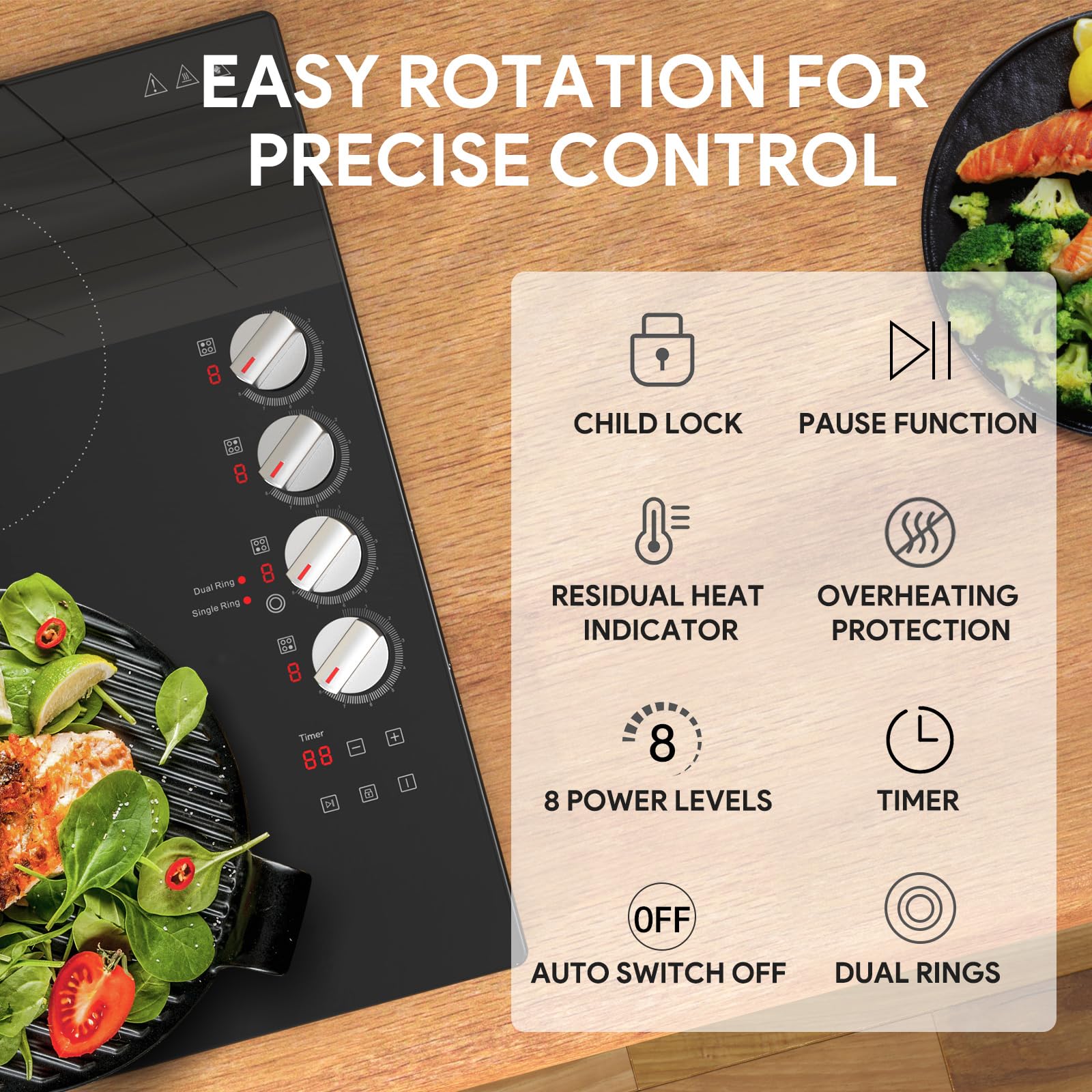 TTHOB Electric Cooktop 30 Inch, 4 Burners Electric Stove Top 220-240V 6600W Built-in Radiant Expand Outer Heating Rings, Timer, Child Lock, Residual Heat Indicator, Knob Control, Hard Wired, No Plug