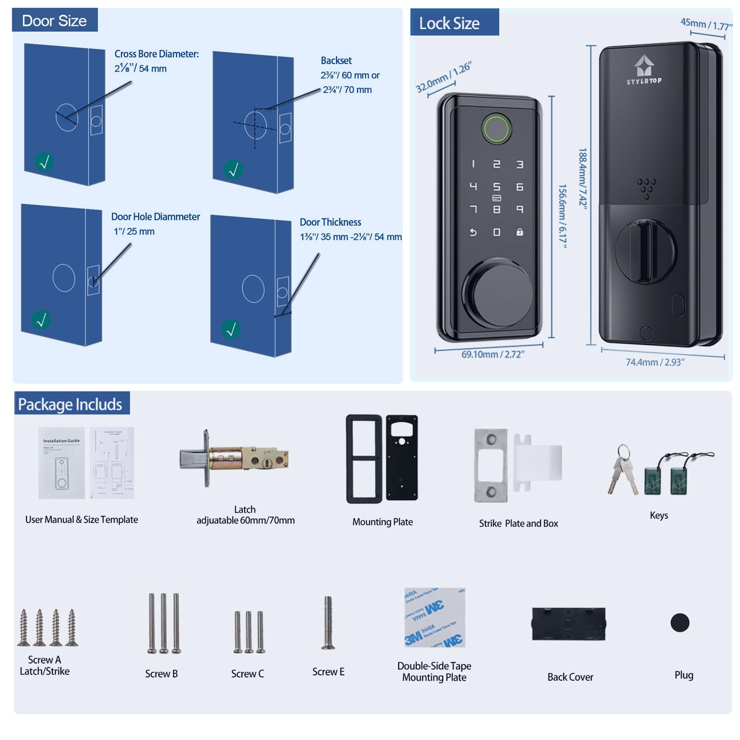 Stylrtop Fingerprint Deadbolt Lock with Glass Touchscreen Keypad,No-WiFi-Access, Keyless Electronic Biometric Lock for Entry Door (Satin Nickel)