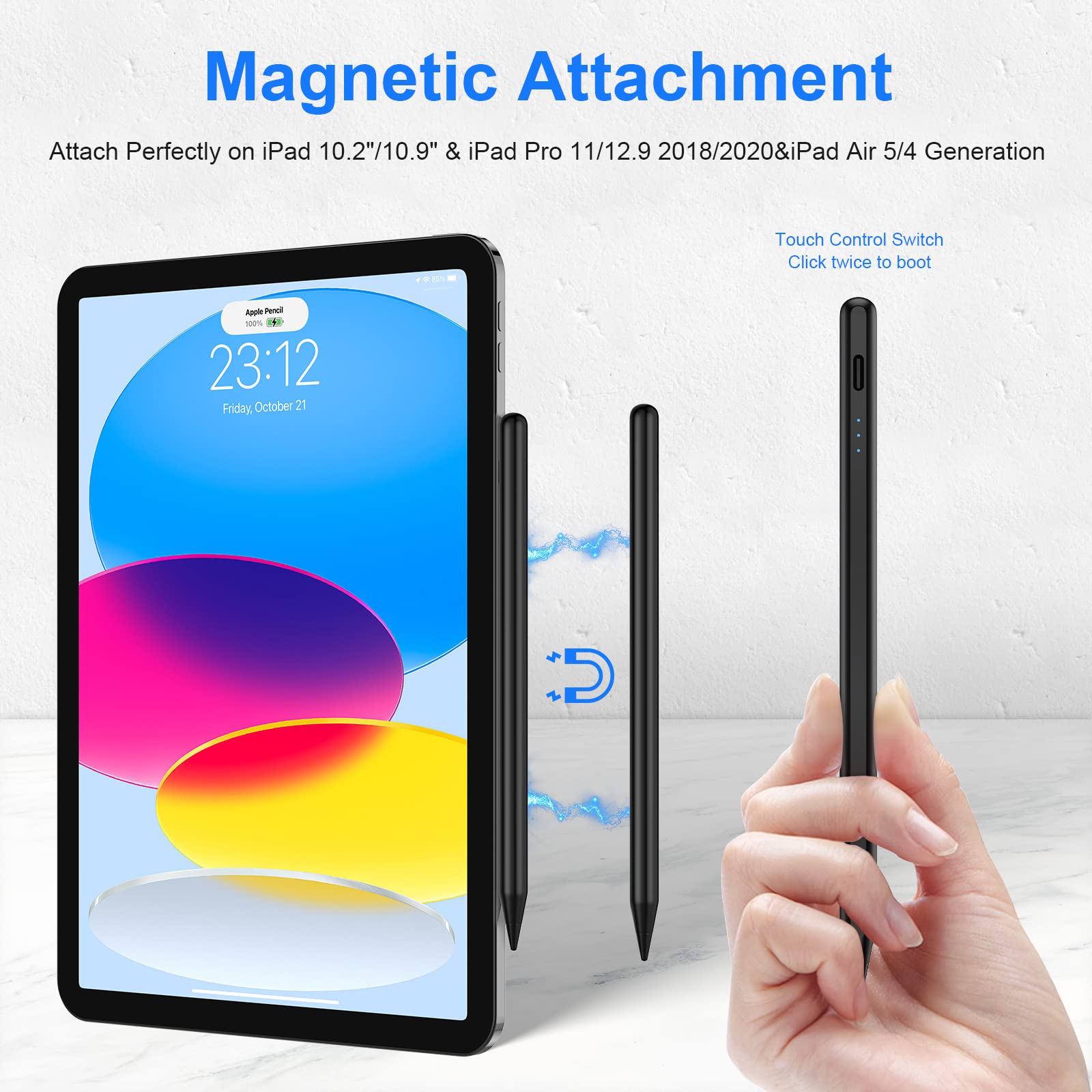 Stylus Pen, Apple Pencil for iPad 9th /10th Gen,Fast Charge Compatible with (2018-2023) Apple iPad Pro 11 & 12.9 inch,iPad Mini 6th/5th Gen, iPad Air 3/4/5,iPad 6/7/8 Gen