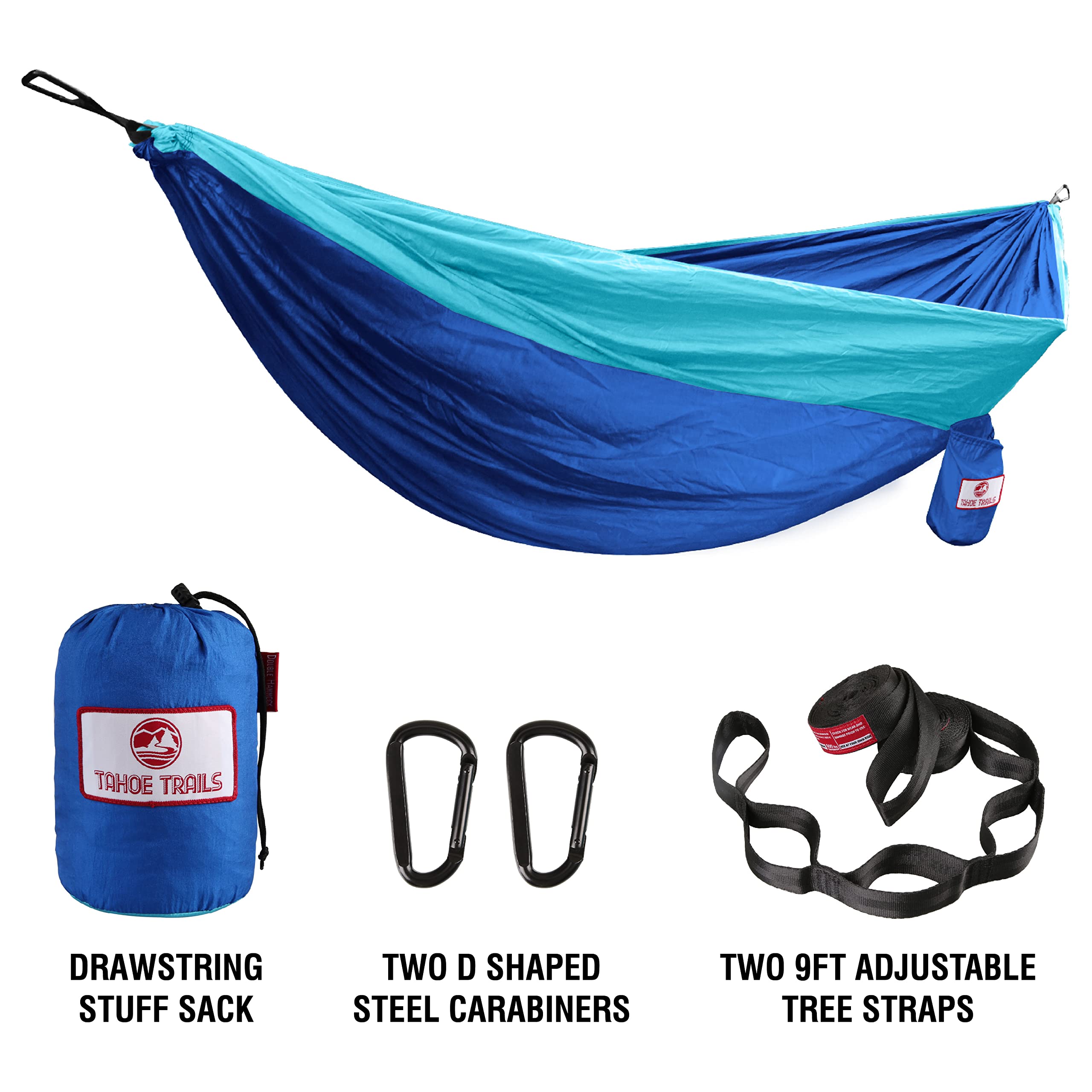 Tahoe Trails Double Camping Hammock for 2 People with Tree Straps, Lightweight Portable Nylon Parachute Hammock for Hiking, Traveling, Backpacking and Backyard, Blue & Sky Blue