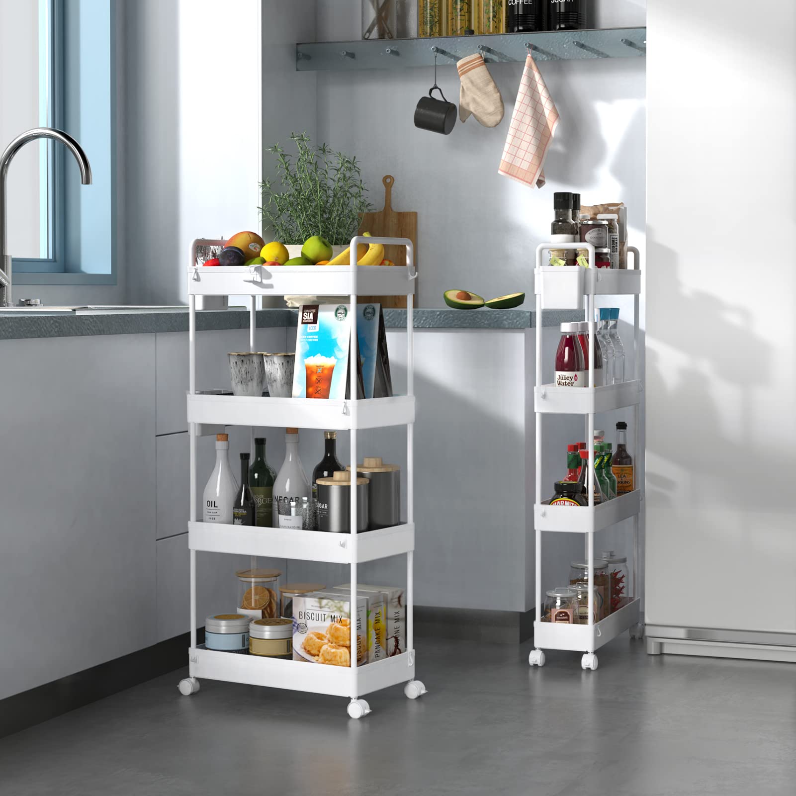 SOLEJAZZ Rolling Storage Cart, 4 Tier Laundry Room Organizer Bathroom Storage Carts, Mobile Storage Shelves with Brake Wheels, Utility Cart for Apartment Bedroom Office Garage, Kitchen, White, 2 Pack