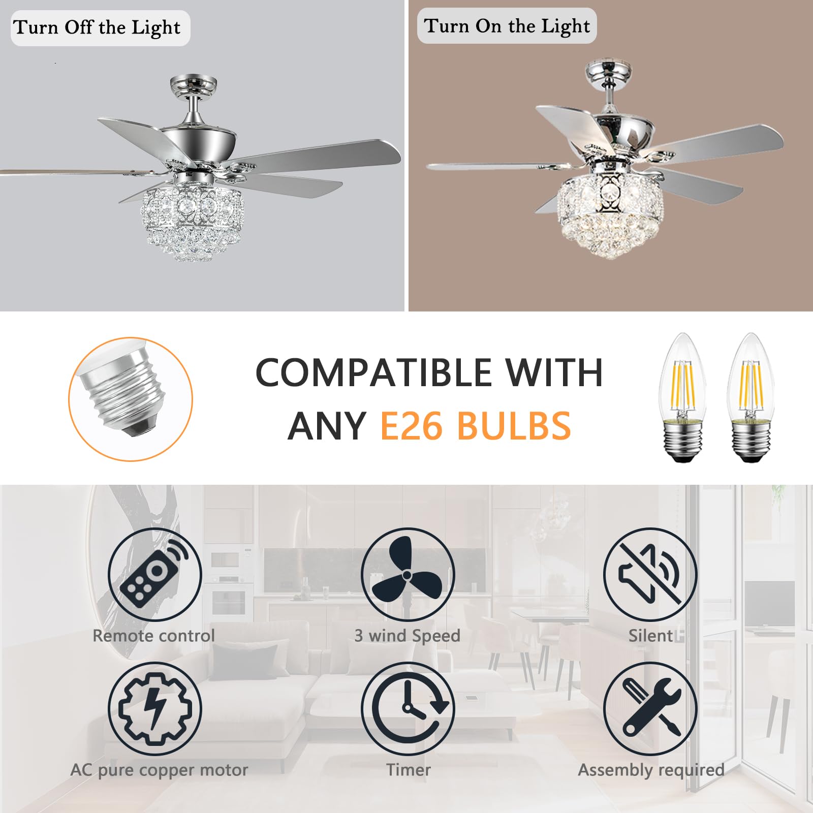 Tropwellhouse 52Inch Crystal Ceiling Fan with Lights 3 Speed Remote Control Elegant Crystal 5 Wood Blades Chrome Ceiling Fan Decoration Home