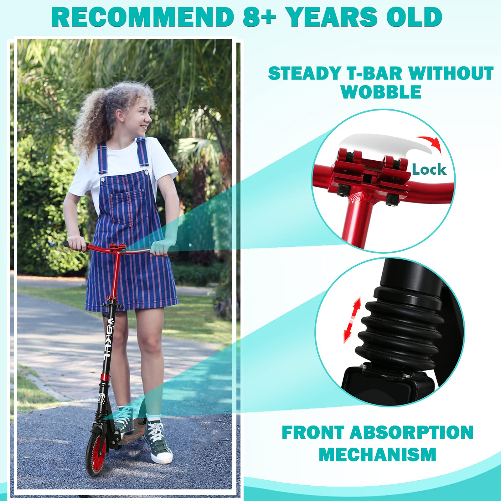 VOKUL Scooter for Kids 8 Years and Up - 8" Big Wheel Scooter with Carry Strap for Adults Teens Up to 220 lbs