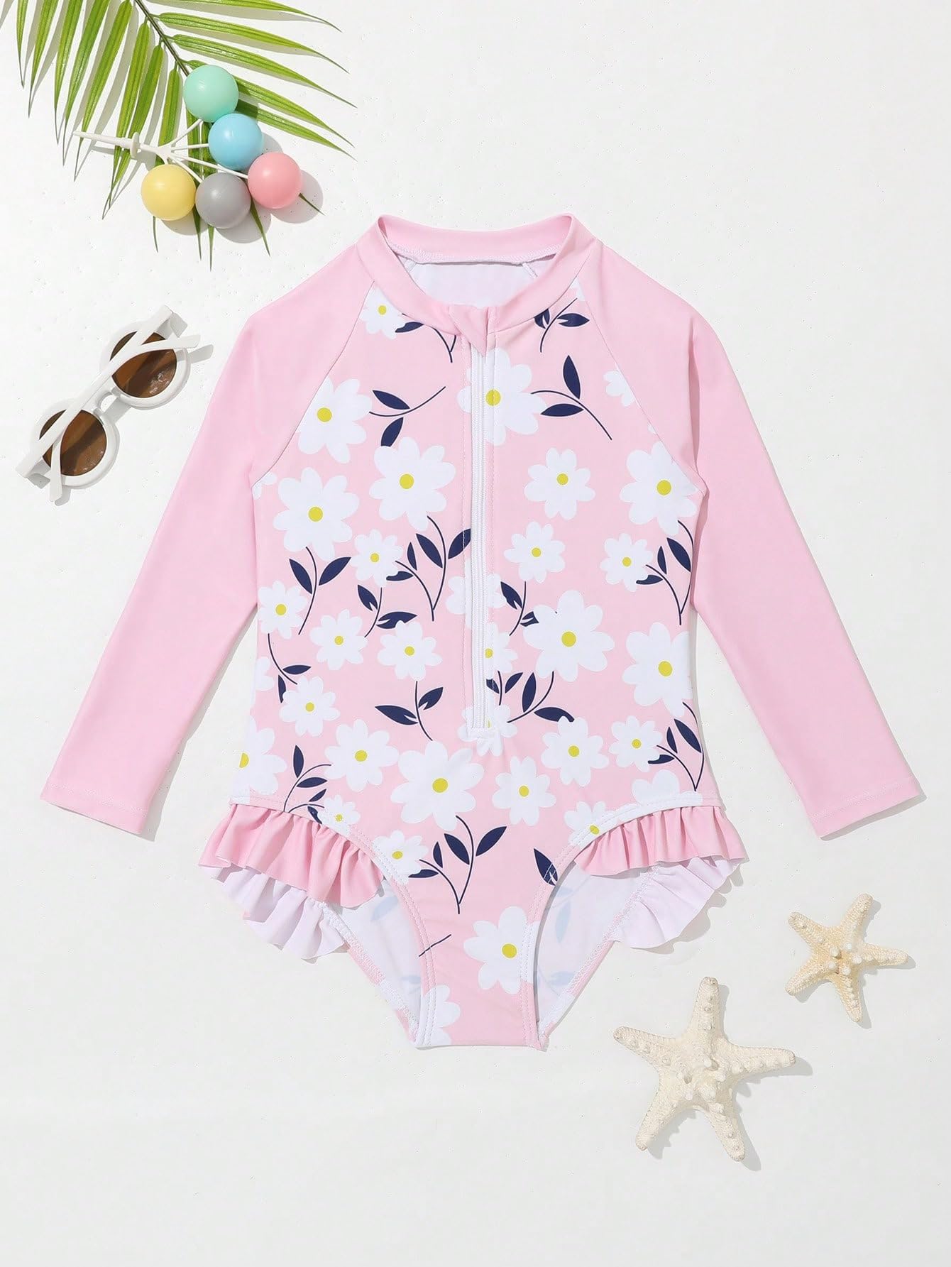 SweatyRocks Girl's Cute Floral Print Long Sleeve Mock Neck Zip Front One Piece Monokini Swimsuit Blue 6Y