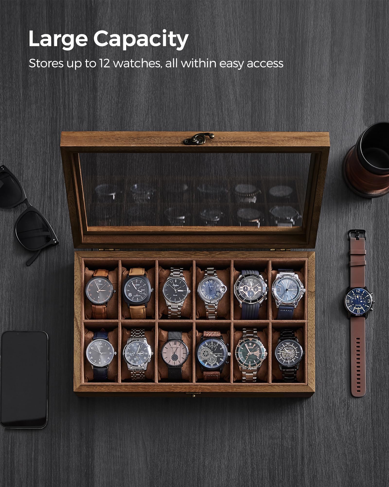 SONGMICS Watch Box, 12-Slot Watch Case, Solid Wood Watch Box Organizer with Glass Lid, Watch Display Case with Removable Pillows, Gift for Loved Ones, Rustic Walnut UJOW120K01