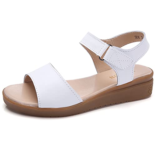 ZAIXO Summer Genuine Leather Wedges Women's Sports Sandals for Women Shallow with Solid Shoes Woman Hook&Loop Sneakers Slides Women Sandals (Color : White, Shoe Size : 6)