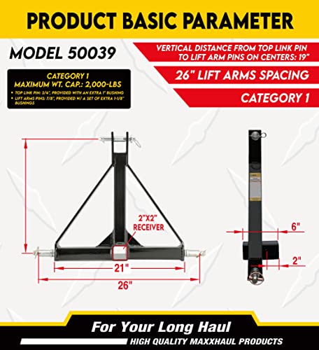 Standard 3-Point Hitch Adapter for Trailers & Farm Equipment with Category 1 Pins & 2" Hitch Receiver