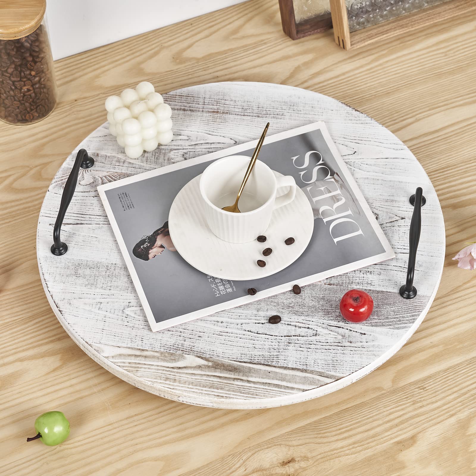 Wooden Lazy Susan for Table Turntable Organizer 18 Inch Large Lazy Susan Whitewashed Wood Serving Tray for Pantry Cabinet Countertop Round Spins Balanced Pine Spice Rack for Kitchen Essentials Storage