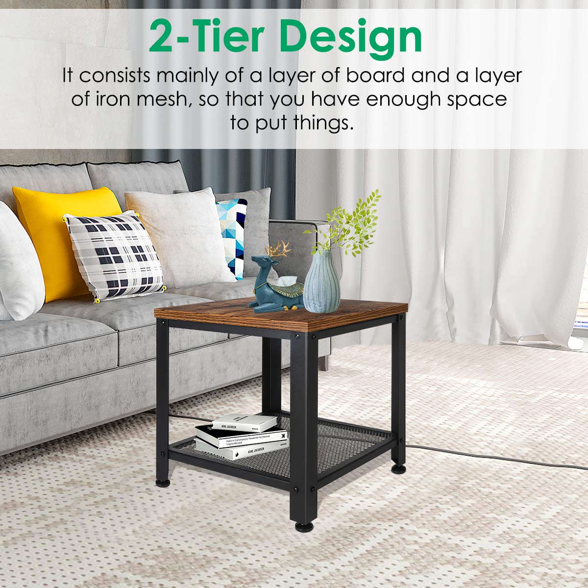 TomCare End Table 2-Tier Side Table with Storage Shelf Small Tables Living Room Square Coffee Table Nightstand Metal Frame Bedside Table Multipurpose for Home Office Living Room Bedroom