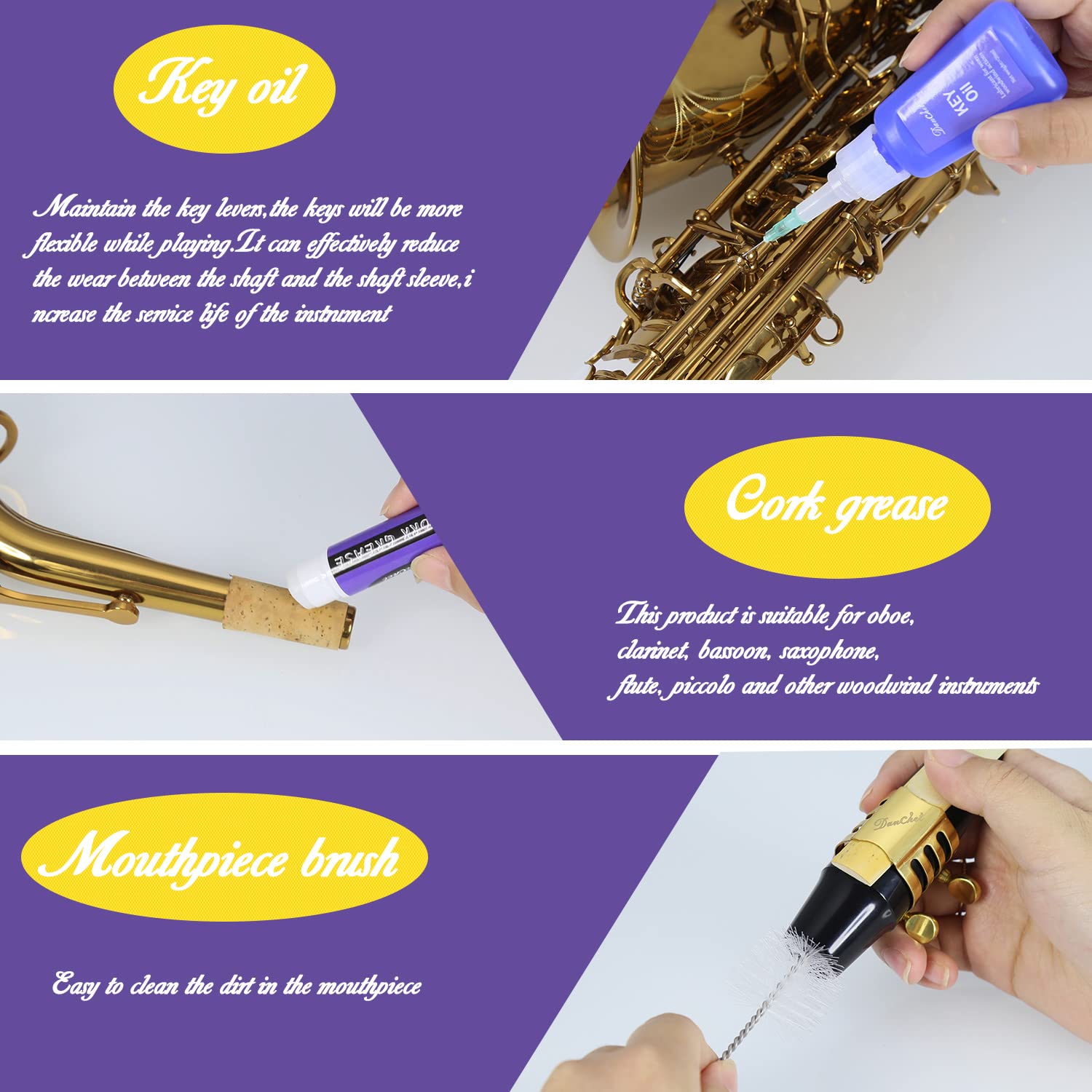 Saxophone Cleaning Kit, Alto Saxophone Maintenance Cleaning Kit with Key Oil, Cork Grease, Cotton Swabs, Cleaning Cloth, Thumb Rest, Mouthpiece Brush, Etc.