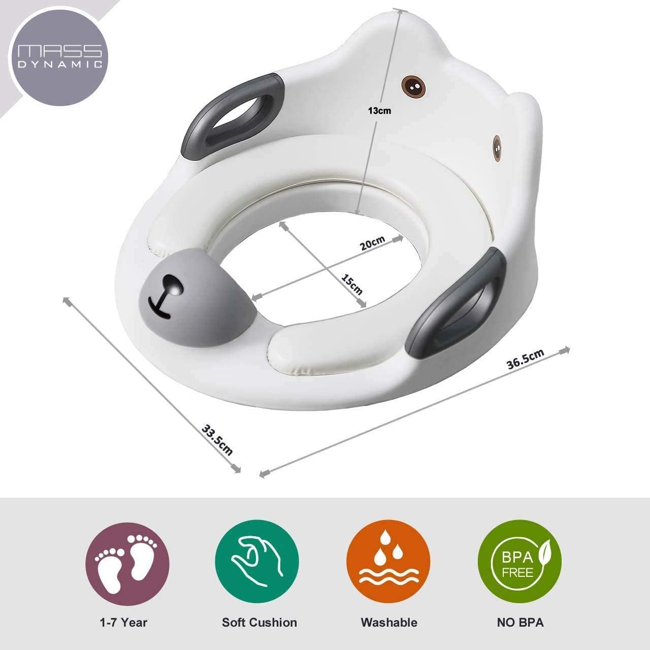 Toddler Toilet Seat - Potty Training Seat for Kids - Non Slip Loo Trainer with Anti-Splash Guard - Unisex Toilet Assistant Ring with Handles and Backrest for Extra Security (White)