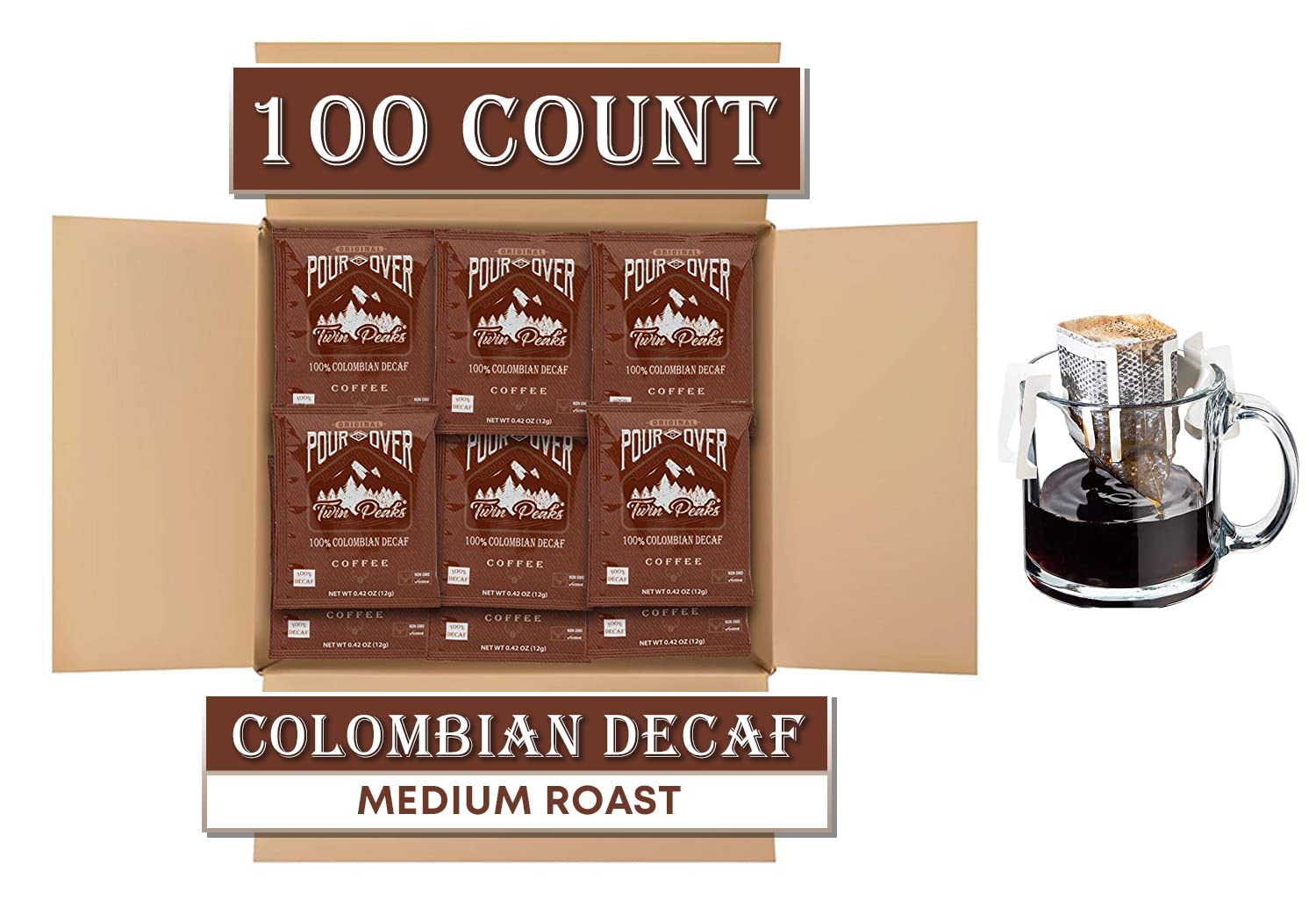Twin Peaks Coffee Twin Peaks Colombian Decaf Single Serve Pour Over Drip Bag Medium Roast Coffee - 100 Single Cup Pouches