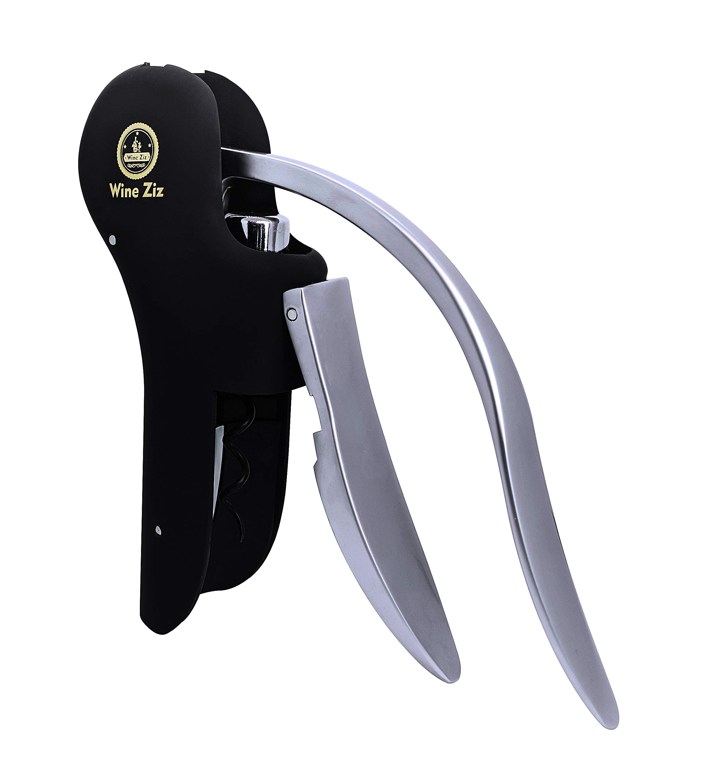 Wine Ziz Black Screw-pull Lever Corkscrew Wine Bottle Opener Set with Bonus Foil Cutter Tool and Extra Spare Corkscrew Spiral, Heavy-Duty Metal Manual Cork Screw, Best Wine Gift Kit (Silver)