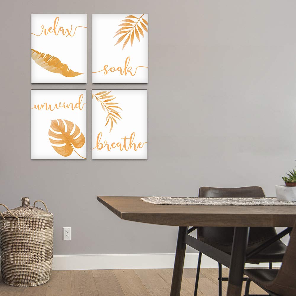 Terracotta Bathroom Decor - Relax,Soak,Unwind,Breathe Leaves Wall Art - Set of 4 8 x 10 Unframed Prints - Yoga Studio Art - Spa Decorative Photos - Home, Office, Classroom,Dorm Palm Tree Leaf Monstera