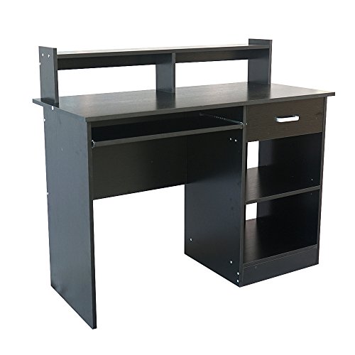 SSLine Computer Desk with Storage Shelves, 2 Tier Bookshelf one Drawer, Keyboard Tray, Home Office Writing Workstation Table, Laptop Desk, Bookshelf, Space-Saving, Black