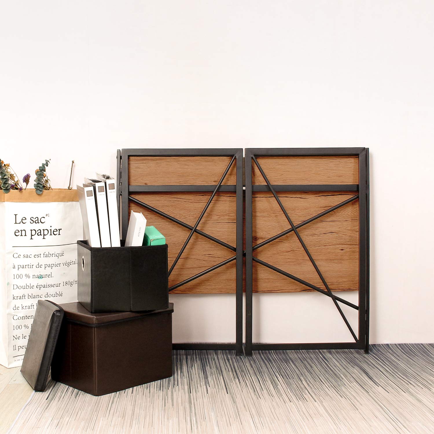 Todeco Folding Computer Desk, Home Office Desks 37" Writing Study Desk Modern Minimalist Industrial Work Table Laptop Desk for Bedroom, Living Room, Brown