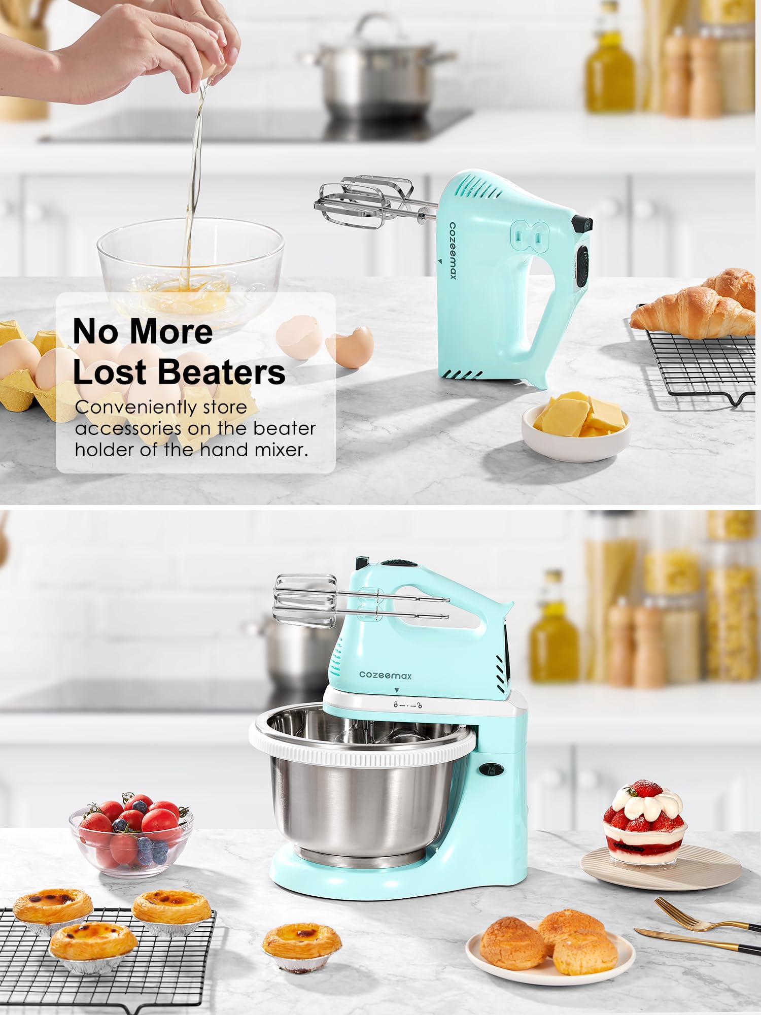 Stand Mixer, Cozeemax 8 Speeds Electric Dough Mixer with 5Qaurt Stainless Steel Bowl and Splash Guard, Kitchen Mixer - Includes Beater, Dough Hook & Whisk