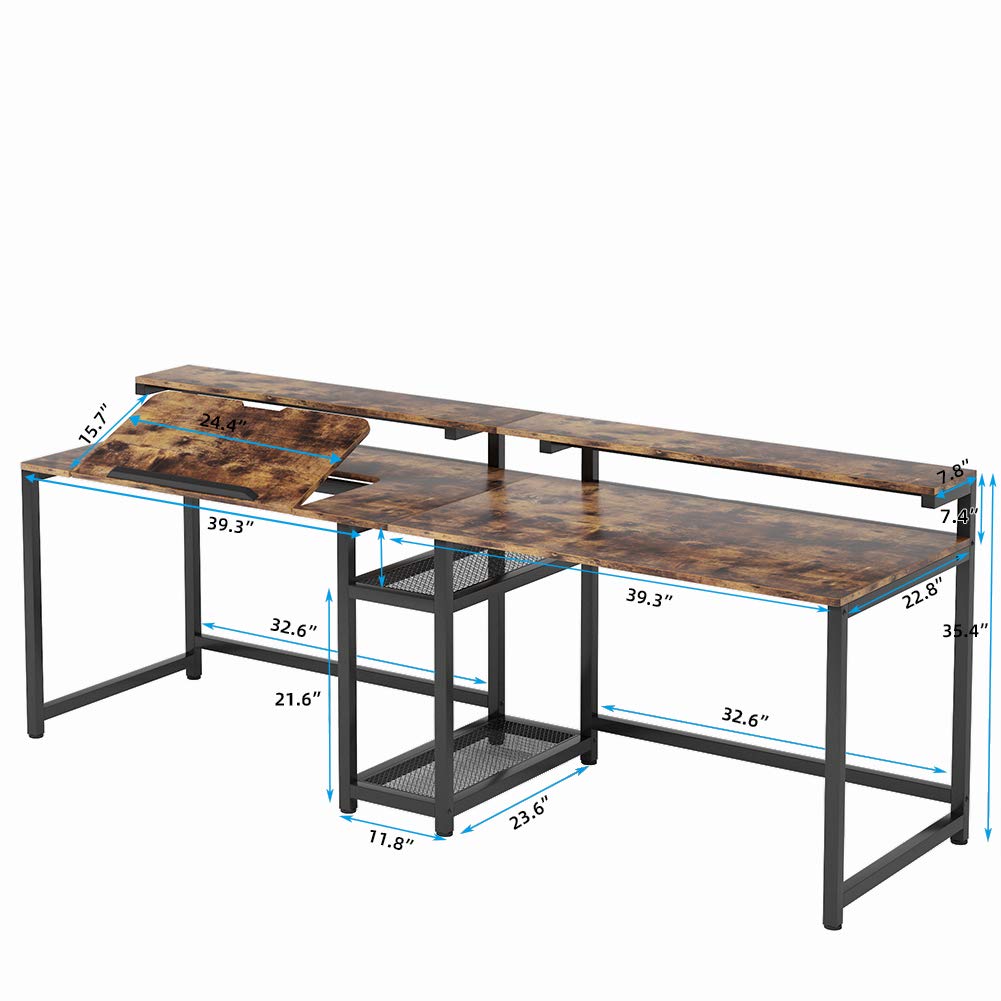TIYASE 78.7 inch Double Computer Desk with Storage Shelves, Extra Long Two Person Desk with Hutch, Double Workstation Home Office Desk Writing Table with Tiltable Tabletop and Monitor Stand(Rustic)