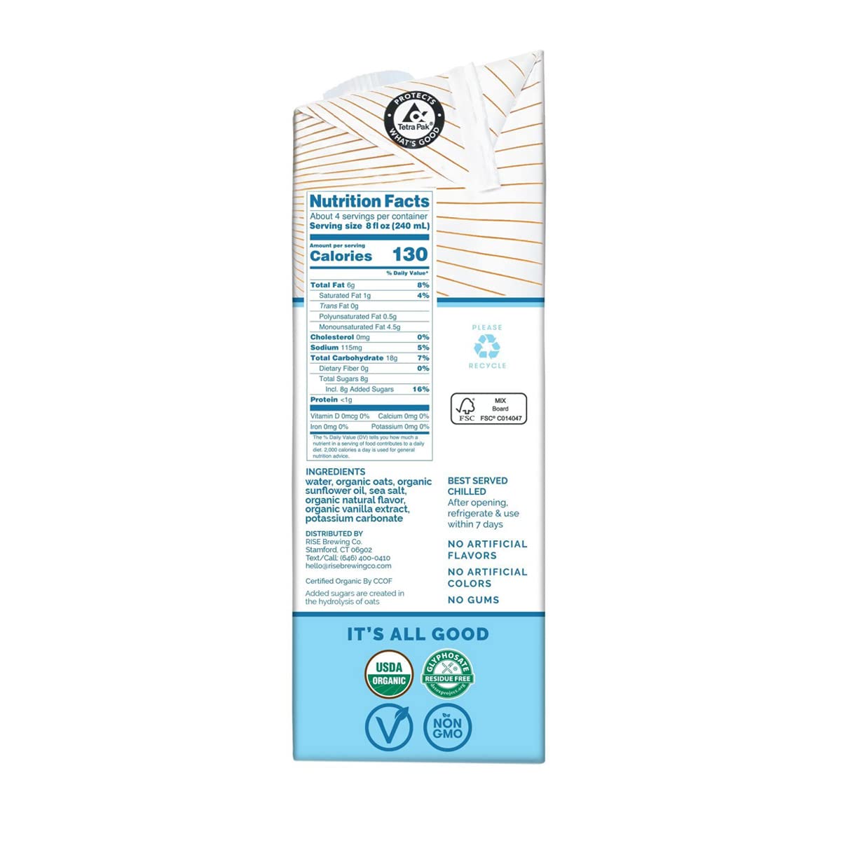 RISE Brewing Co. Vanilla Oat Milk USDA Organic & Non-GMO, Vegan & Non-Dairy, 32 fl. oz. Cartons (6 pack)