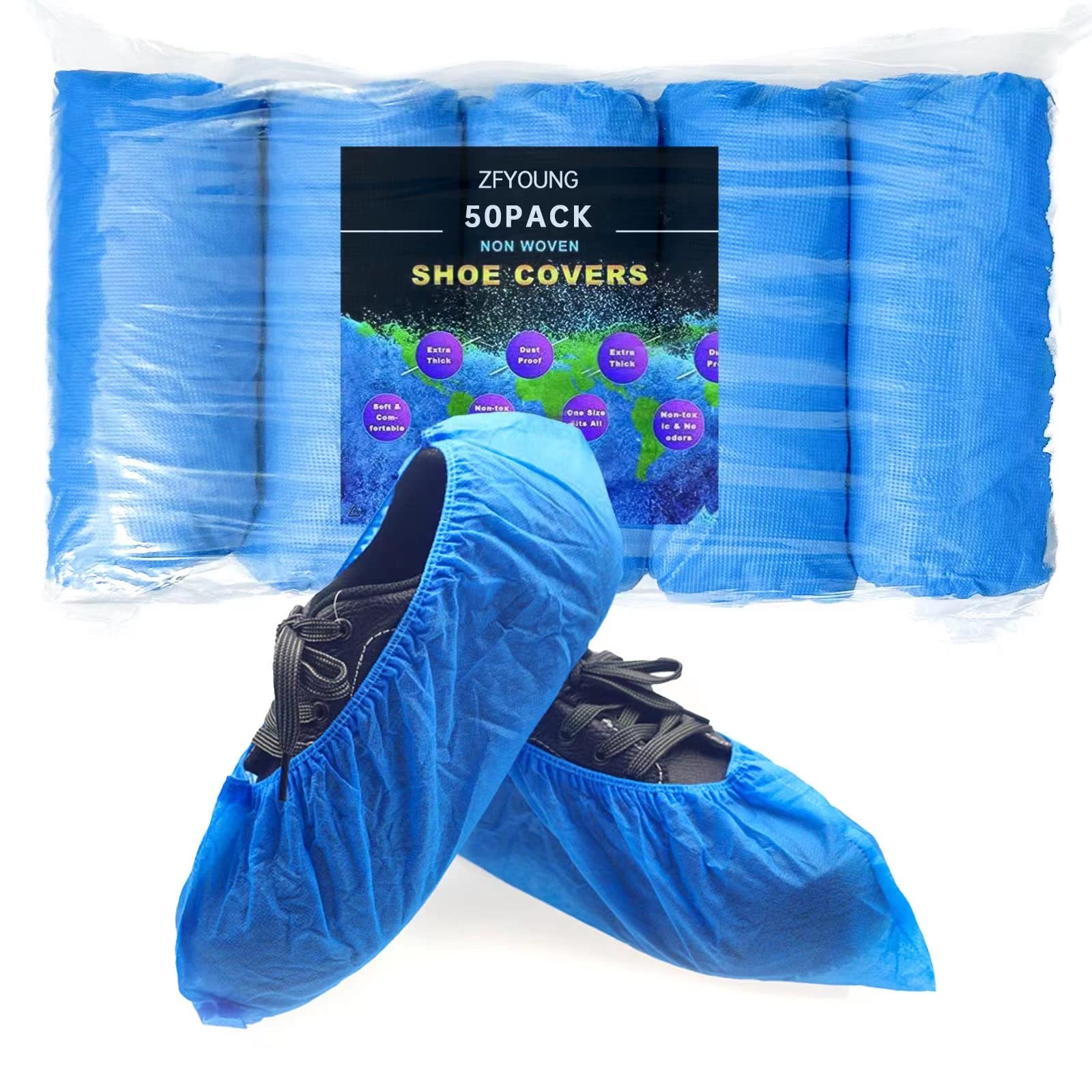 Zfyoung 50 Pack (25 Pairs)Blue Hygiene Boots and Shoe Covers Disposable Non-slip Waterproof Non-slip Durable For Construction, Workplace, Indoor Carpet Floor Protection, One Size Fits Most