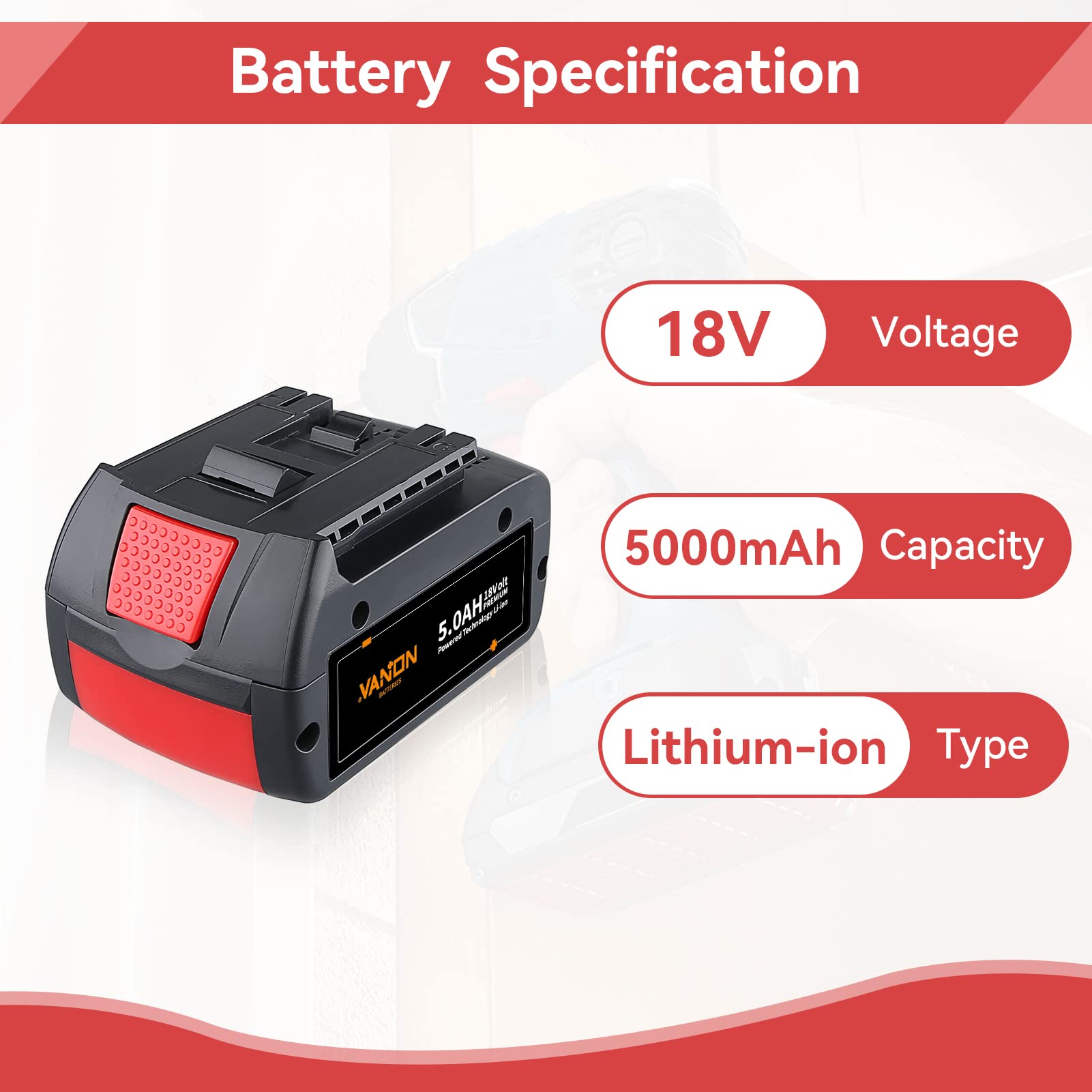 VANON 2Pack BAT609 5.0Ah Lithium-ion Battery Replacement for Bosch 18V Battery BAT609G BAT618 BAT618G BAT619 BAT619G BAT622 BAT620-2PK SKC181-202L