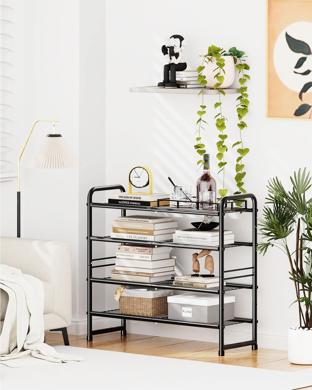 SUFAUY Shoes Rack Shelf for Closet Metal Stackable Shoe Organizer, Expandable & Adjustable Storage Shelves, Wire Grid, 4-Tier, Black