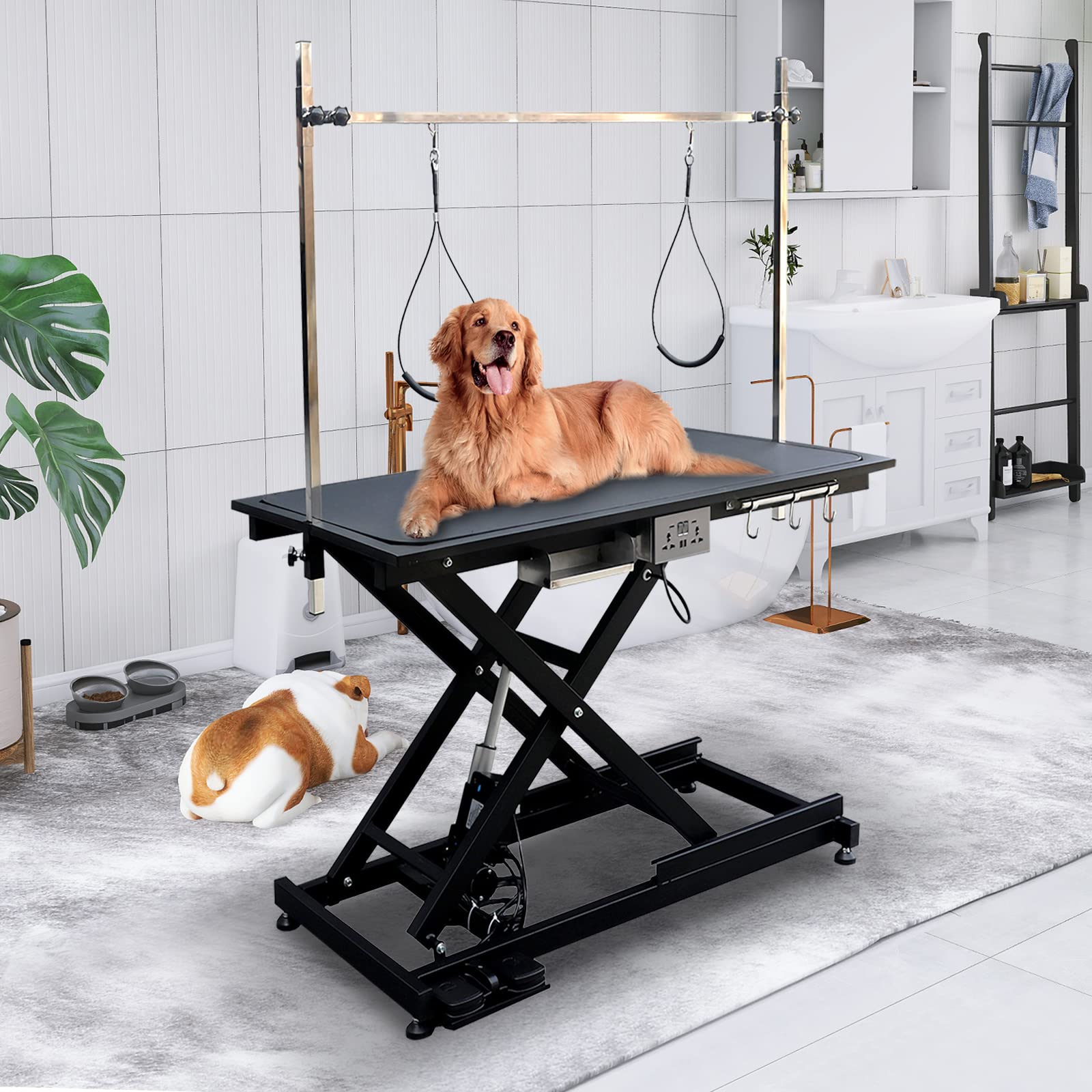 SoarFlash 49.6” Electric Lift Pet Dog Grooming Table,Heavy Duty Electric Grooming Table for Dogs&Cats,Heavy Duty Height Adjustable with Overhead Arm, Clamps, Two Grooming Noose