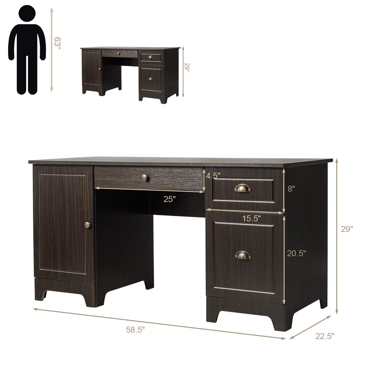 Tangkula Computer Desk with Drawers & Cabinet, Wooden Executive Desk Home Office Desk, Writing Study Desk Computer Workstation, PC Laptop Desk for Bedroom & Office (Brown)