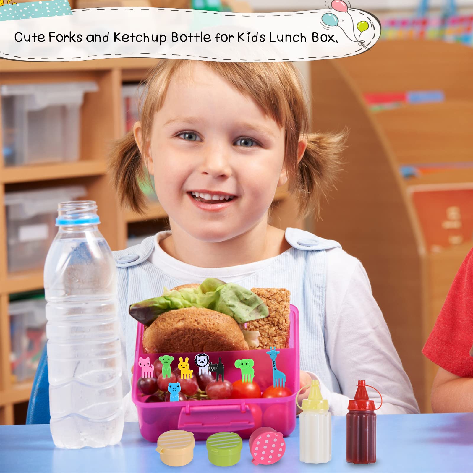 Zubebe 36 Animal Food Picks for Kids 8 Mini Condiment Bottles Ketchup Squeeze Bottle 4 Sauce Container Lunch Bento Box Accessories