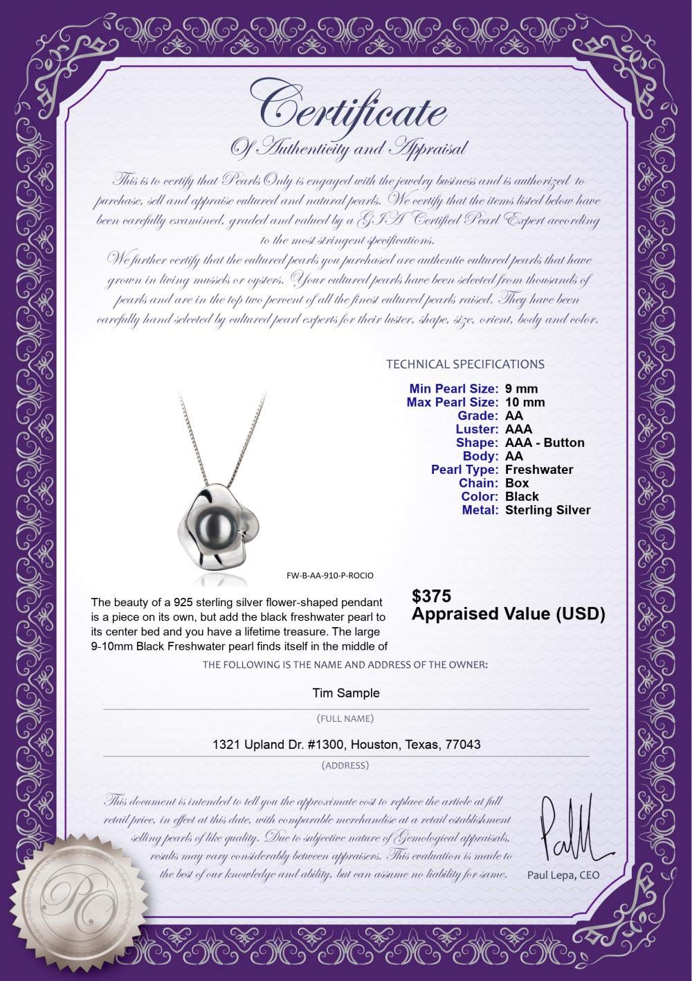 Rocio Black 9-10mm AA Quality Freshwater 925 Sterling Silver Cultured Pearl Pendant For Women