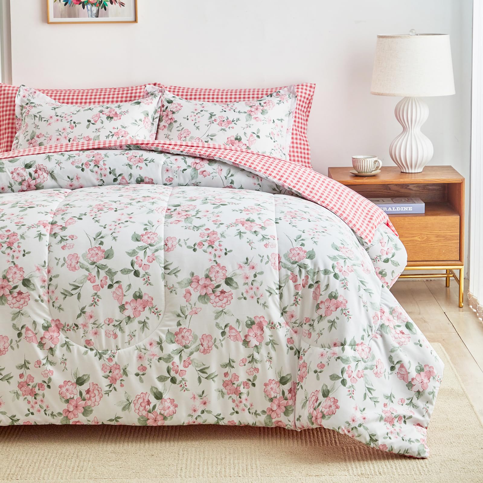 UOZZI BEDDING Bed in a Bag All Season Soft Microfiber Reversible Bed Comforter Set (1 Comforter 2 Pillow Shams 1 Flat Sheet 1 Fitted Sheet 2 Pillowcases) (Flowers 1, Queen-7 Pieces)