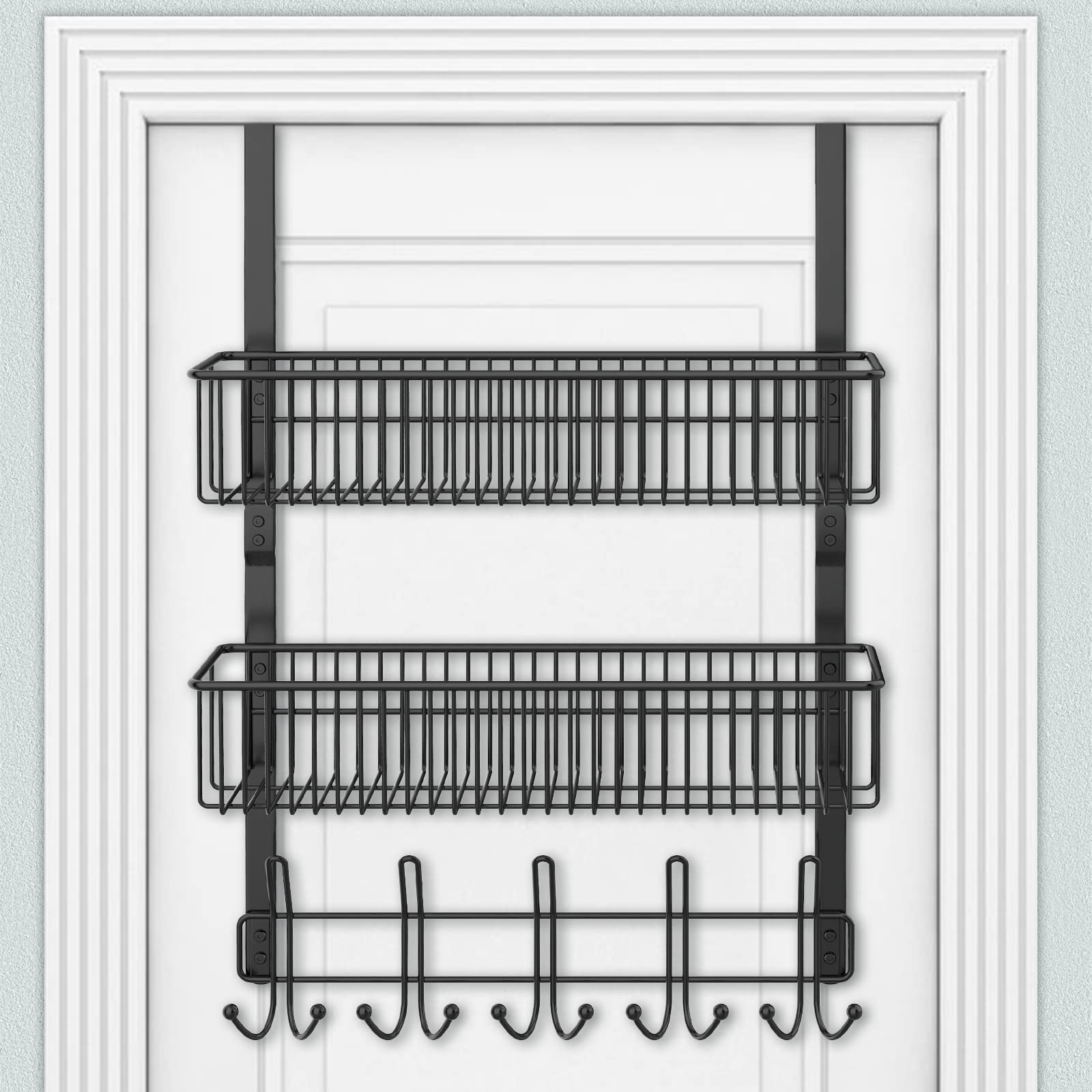 REFLYING Over The Door Organizer Hanger, Door Hanger Towel Rack 15 Hooks with 2 Mesh Basket, Over Door Bathroom Organizer,Hooks Hanger Shelf