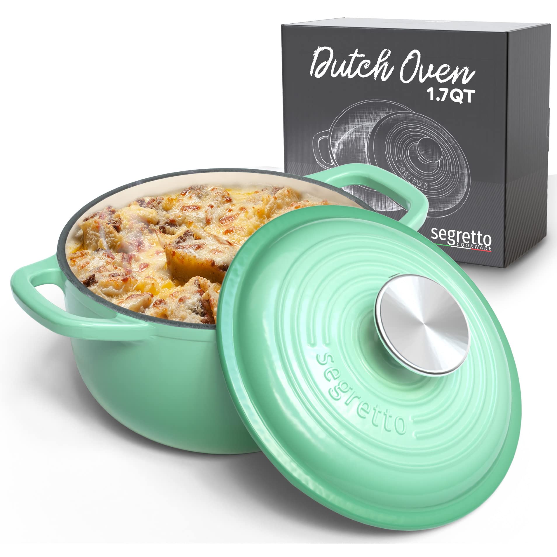 Segretto Cookware Enamel Dutch Oven Cast Iron with Handle Verde Chiaro (Light Green) 1.7 Quarts Enameled Cast Iron Dutch Oven with Lid Oven Cookware Pot 1.7 qt Small Dutch Oven for Bread Baking