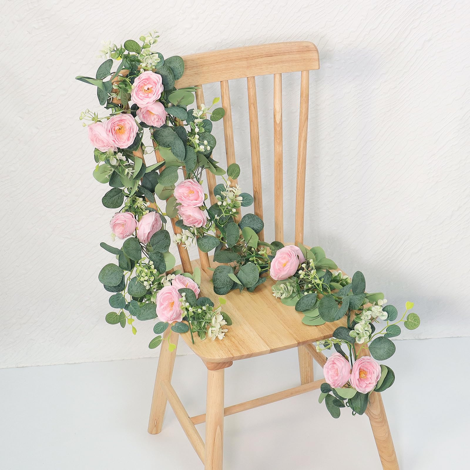 TOCHGREEN 2 Pack 13Ft Artificial Eucalyptus Flower Garland with Pink Roses, Fake Rose Flower Greenery Garland Floral Vines for Wedding Home Party Table Runner Decor (2PCS, Pink)