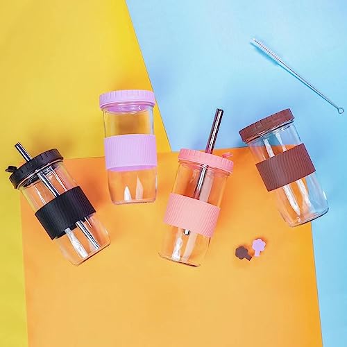 Zrlljp Reusable Boba Cup Bubble Tea Cup 4 Pack, 24Oz Wide Mouth Smoothie Cups with Lid,Silicone Sleeve & Angled Wide Straws, Leakproof Glass Mason Jars Drinking Boba Cup Travel Tumbler for Large Pearl