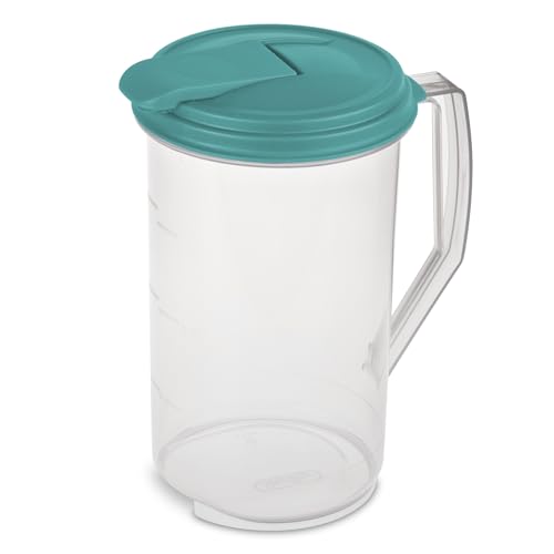 Sterilite 2 Qt Round Pitcher, Spout and Handle for Easy Pouring of Water or Juice, Plastic, Dishwasher Safe, Clear w/Teal Lid, 6-Pack