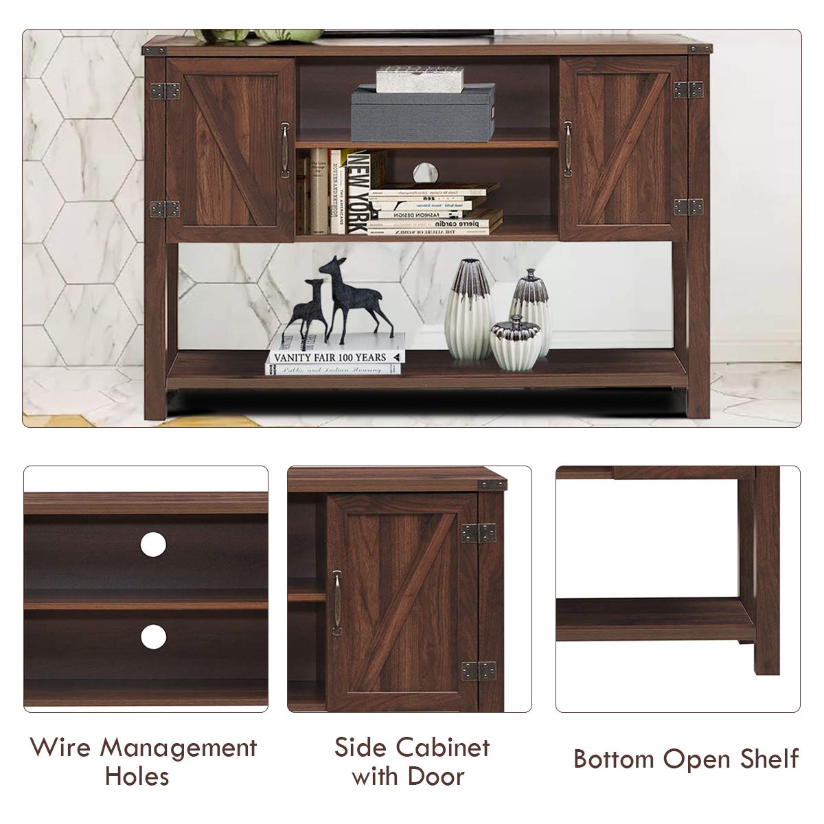 Tangkula TV Stand up to 60 Inches TVs, Modern Entertainment Center Stand with 2 Side Door Cabinets, Ample Storage Space, Multi-Functional Stand for Living Room Home Office Decor, TV Console (Brown)